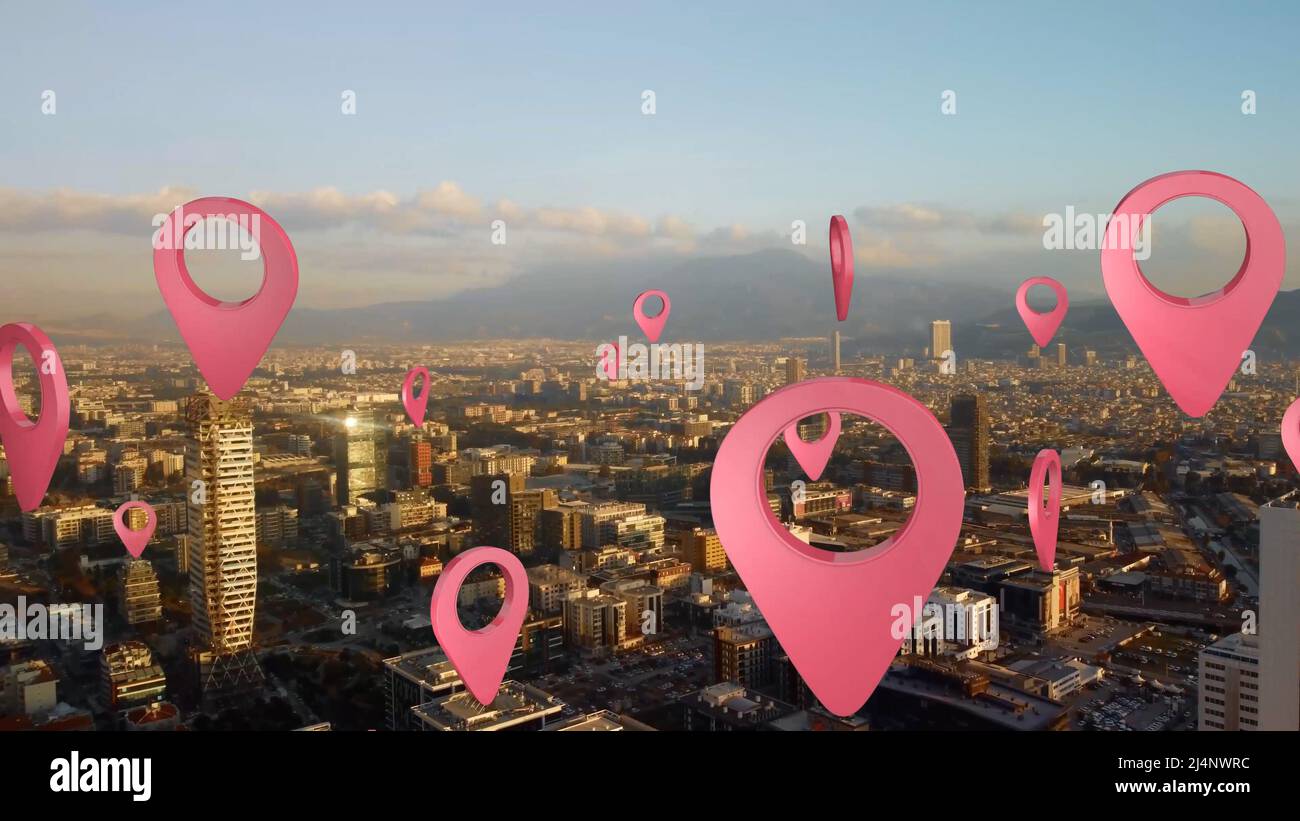 Aerial smart city. Localization icons in a connected futuristic city ...