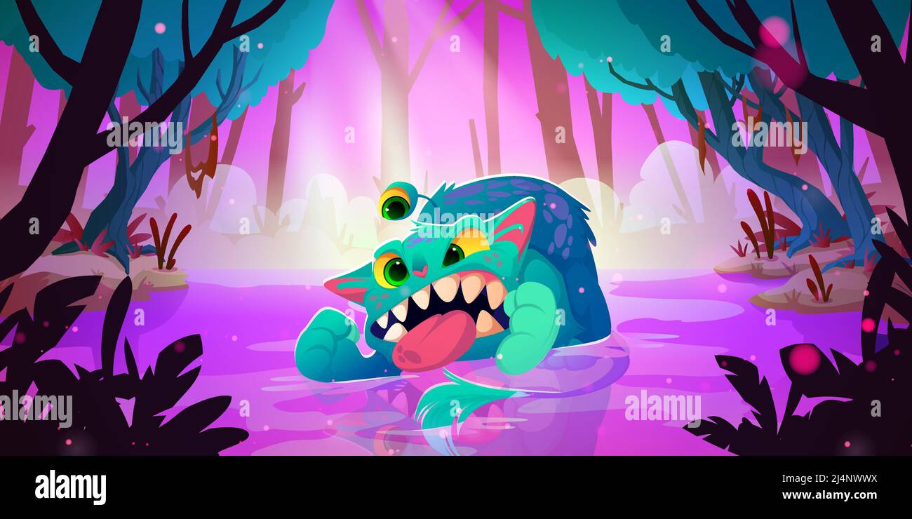Fantasy monster in swamp in magic forest. Vector cartoon illustration ...