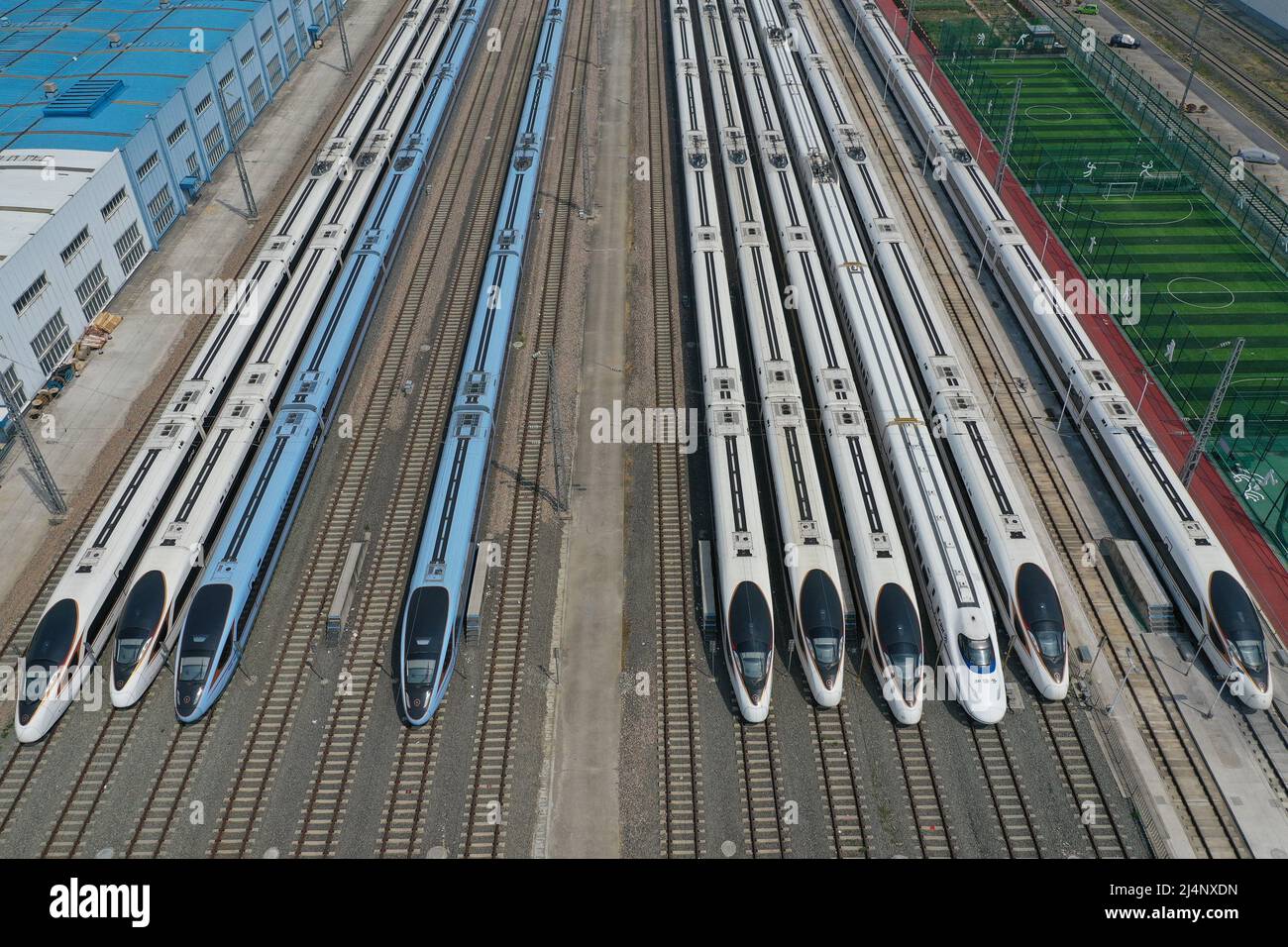 NANJING, CHINA - APRIL 17, 2022 - Emu trains stand at the Nanjing South ...