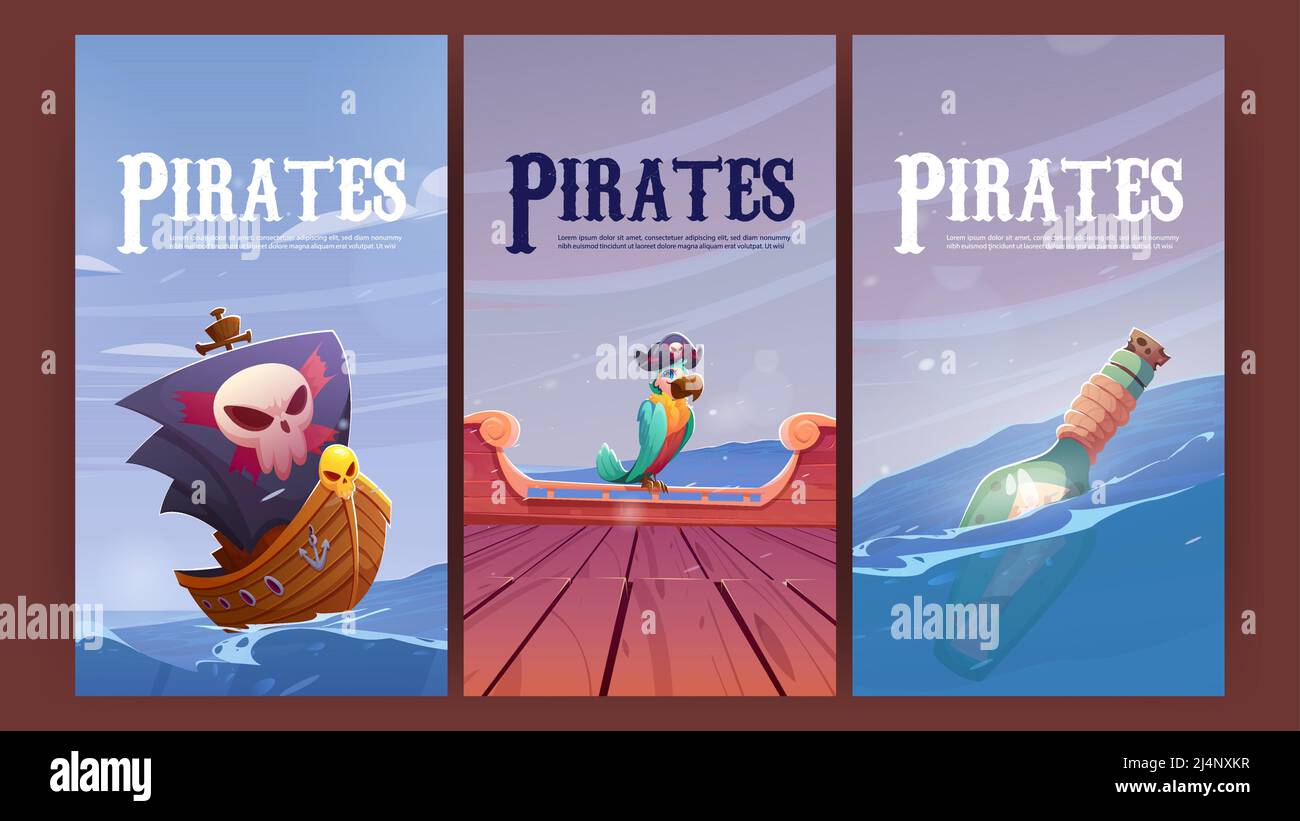 Pirates posters with wooden ship deck, parrot in hat and bottle with ...