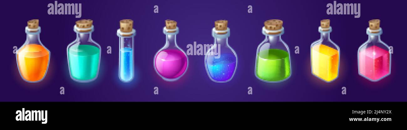 Bottles with magic potion, alchemy elixir or poison. Vector cartoon set ...