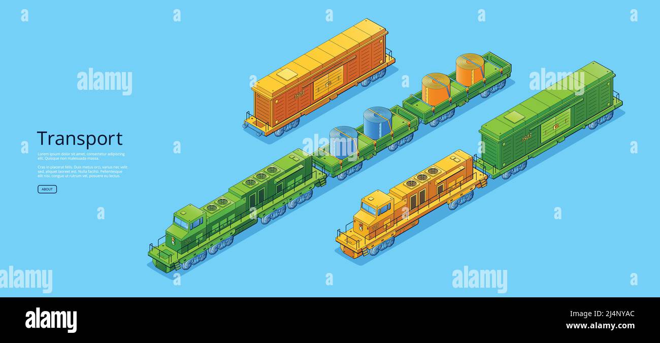 Transport banner with isometric cargo trains with locomotive, freight ...