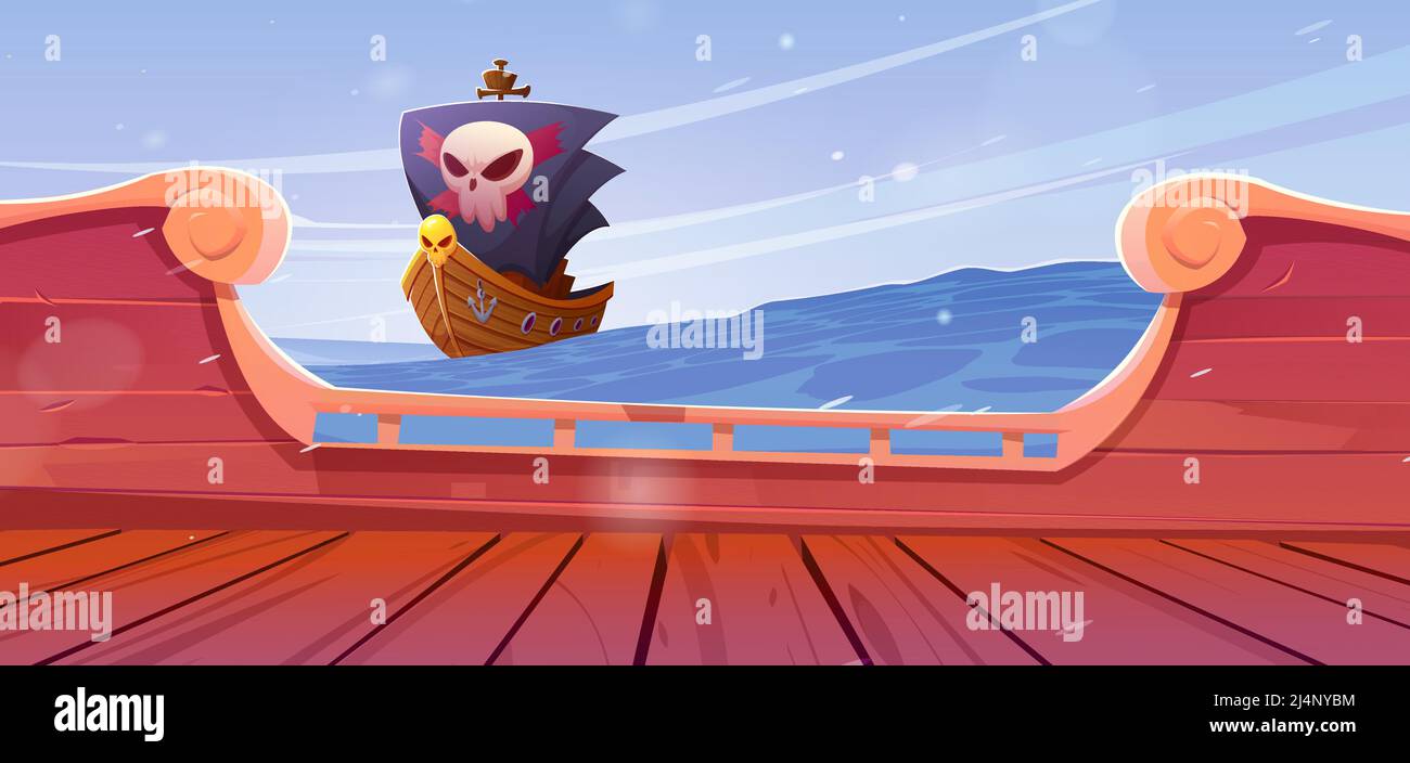 Wooden ship deck with view to pirate boat with black sails in sea ...