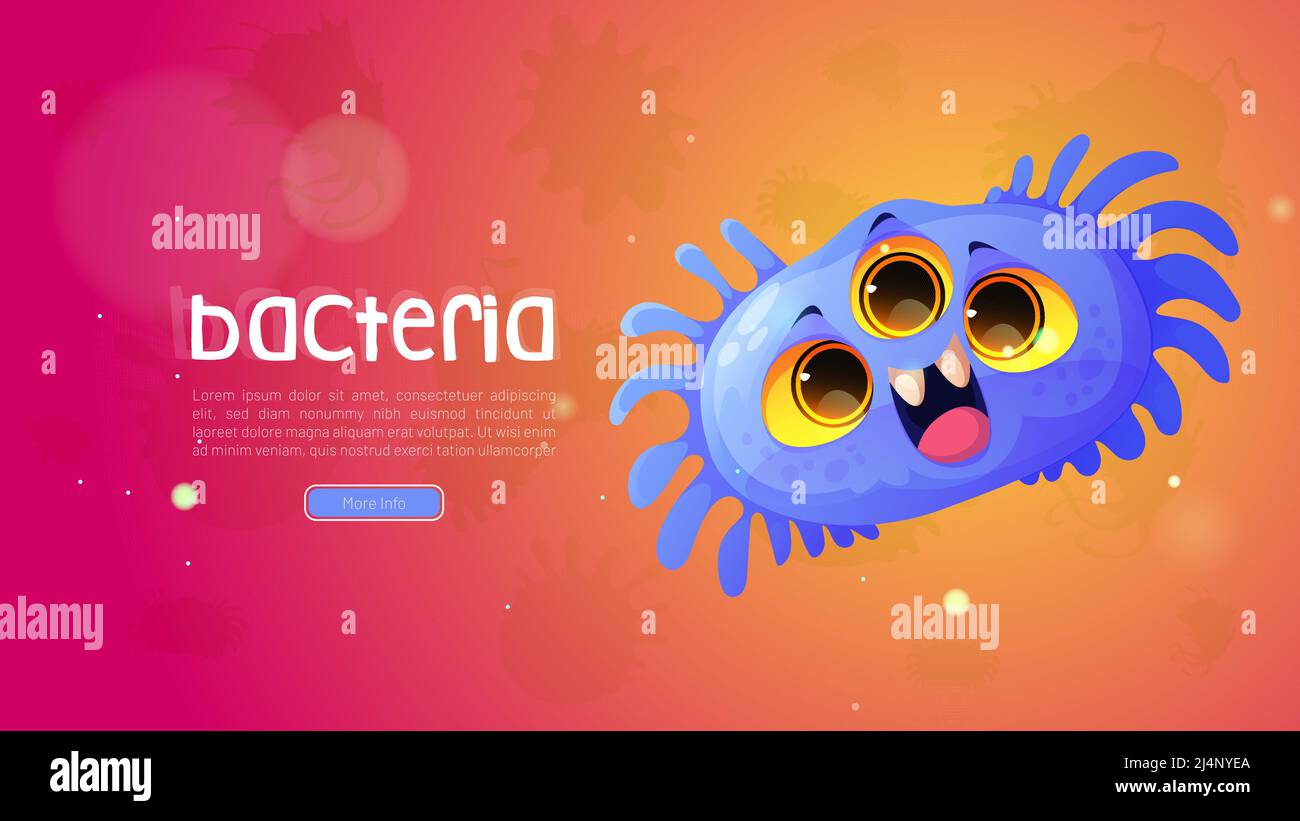 Bacteria cartoon web banner with funny blue microbe or virus character ...