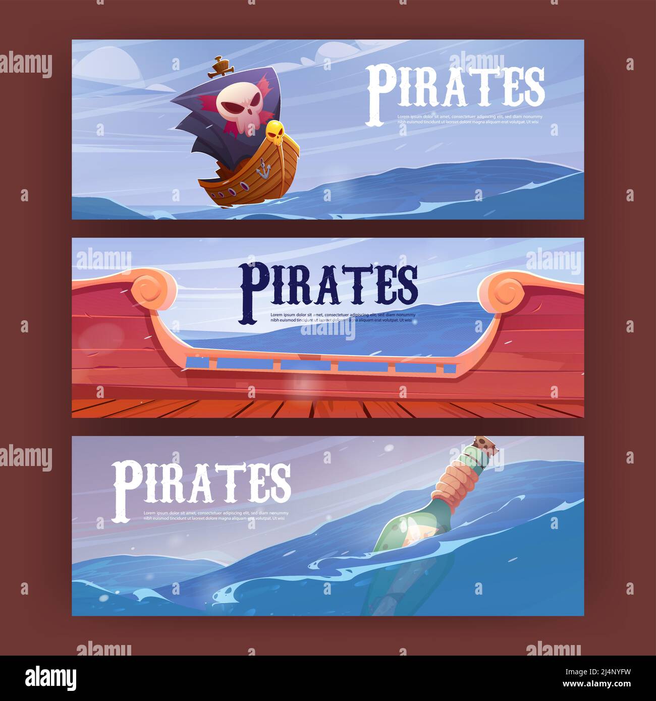 Pirates cartoon banners, ship with black sails and jolly roger ...