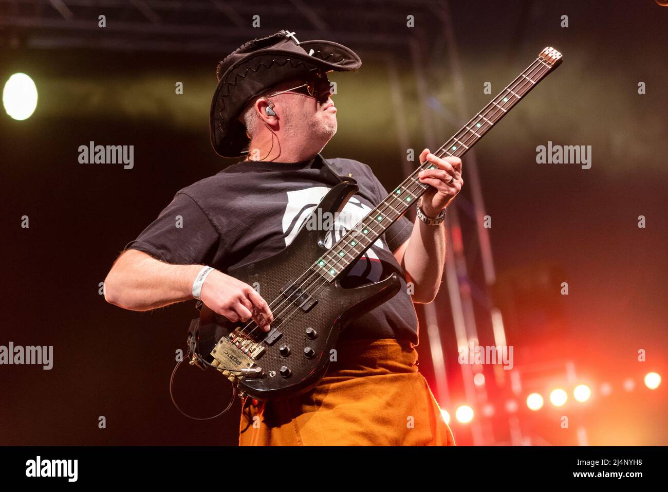 Bass guitarist Jon Randle of Doctor and the Medics band performing at a ...