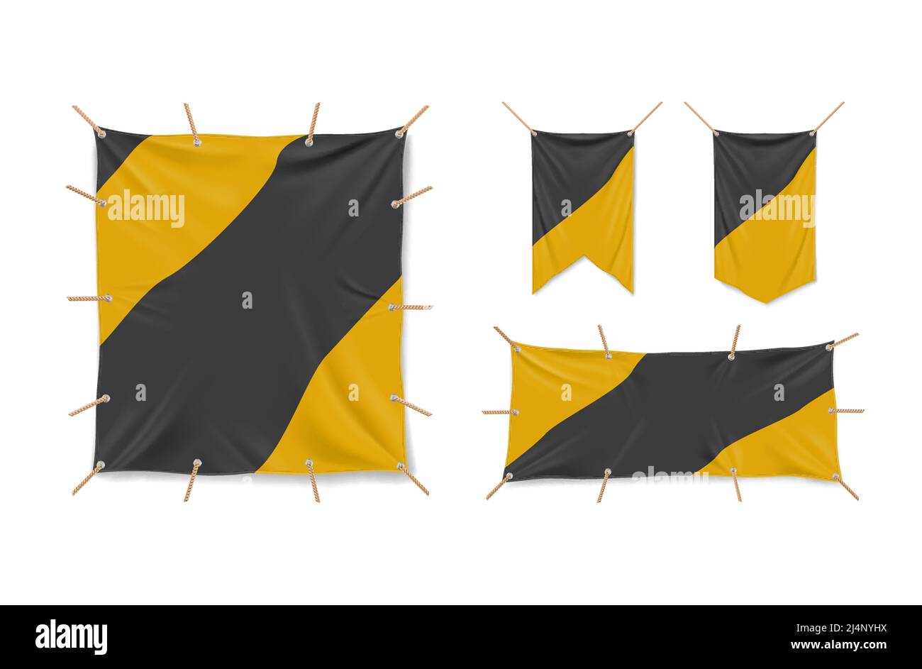 Vinyl banners 3d vector mockup, fabric awnings and flags stretched on flex. Black and yellow ...
