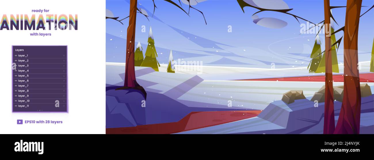 Winter landscape ready for game animation. Cartoon separated layers ...