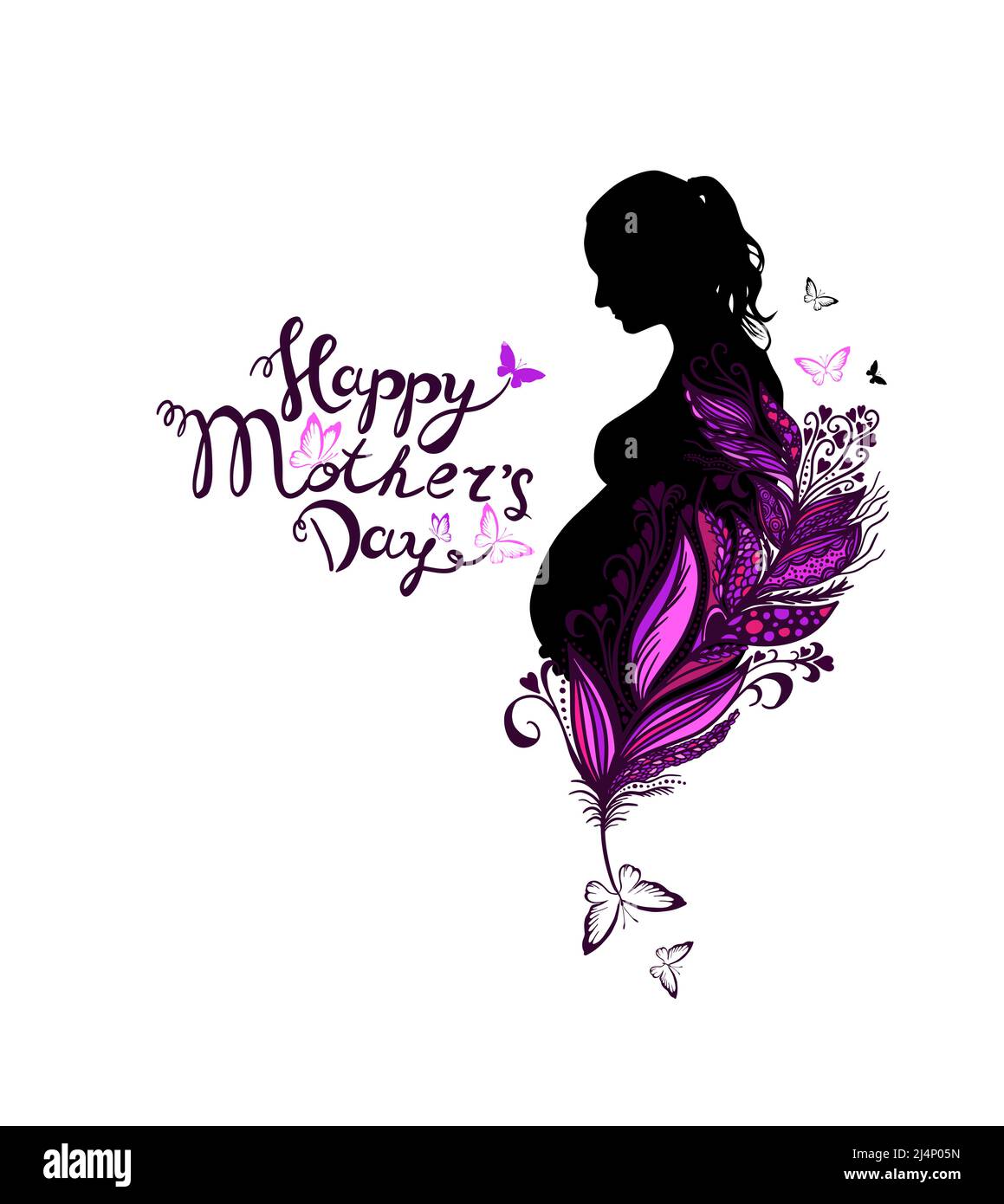 Happy Mother's Day handwritten lettering. Abstract pregnant woman in ...