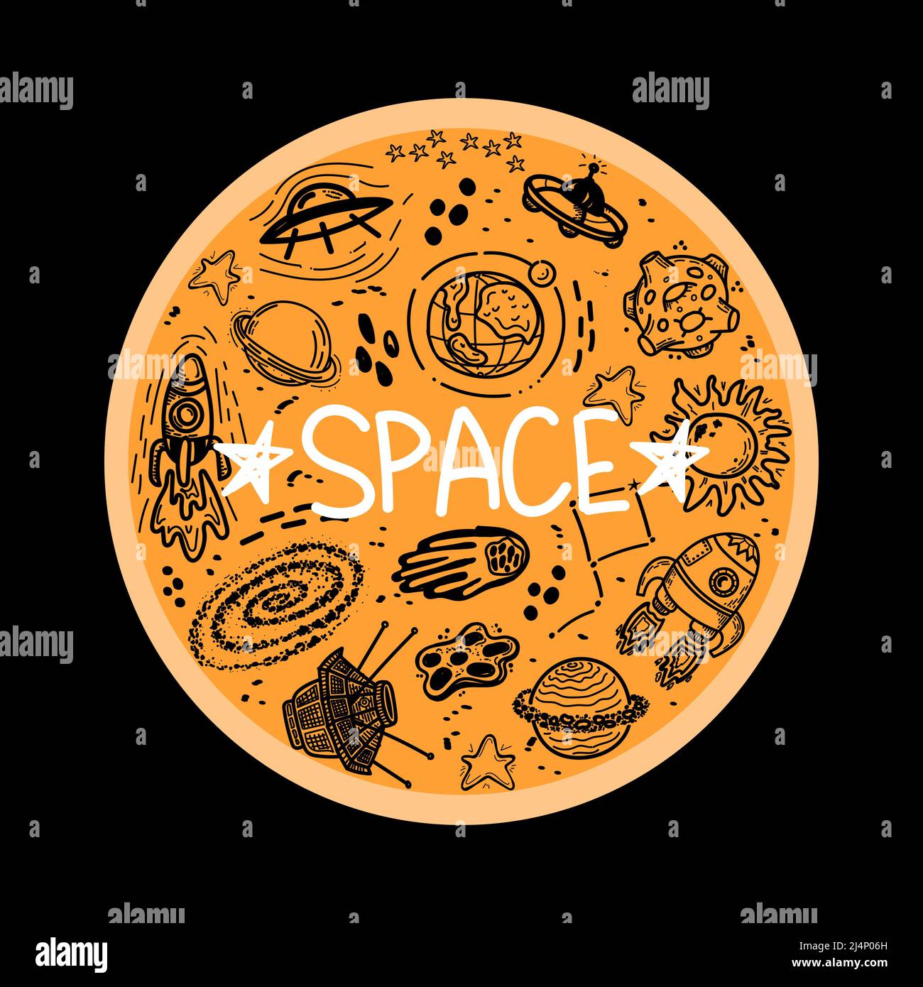 Set of space elements in a circle on a black background. Hand-drawn ...