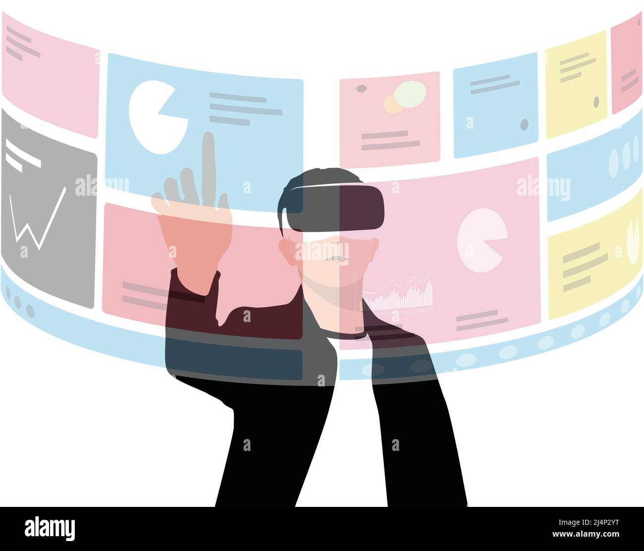 Man wearing VR Virtual Reality glasses, hands up, touching the screen, doing data analysis ...