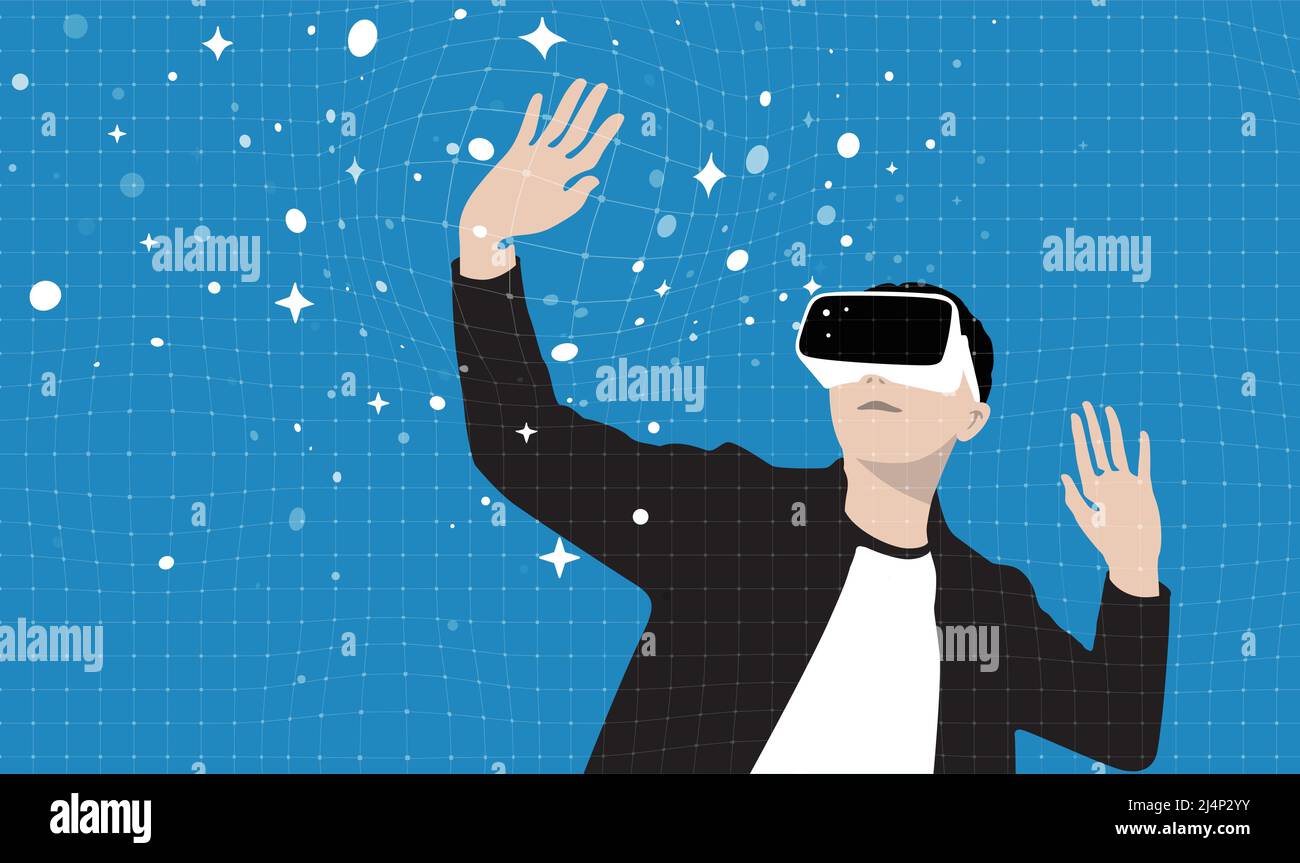 Man wearing VR Virtual Reality glasses, hands up, touching the screen ...