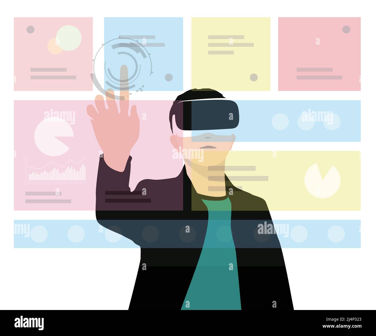 Man wearing VR Virtual Reality glasses, hands up, touching the screen ...