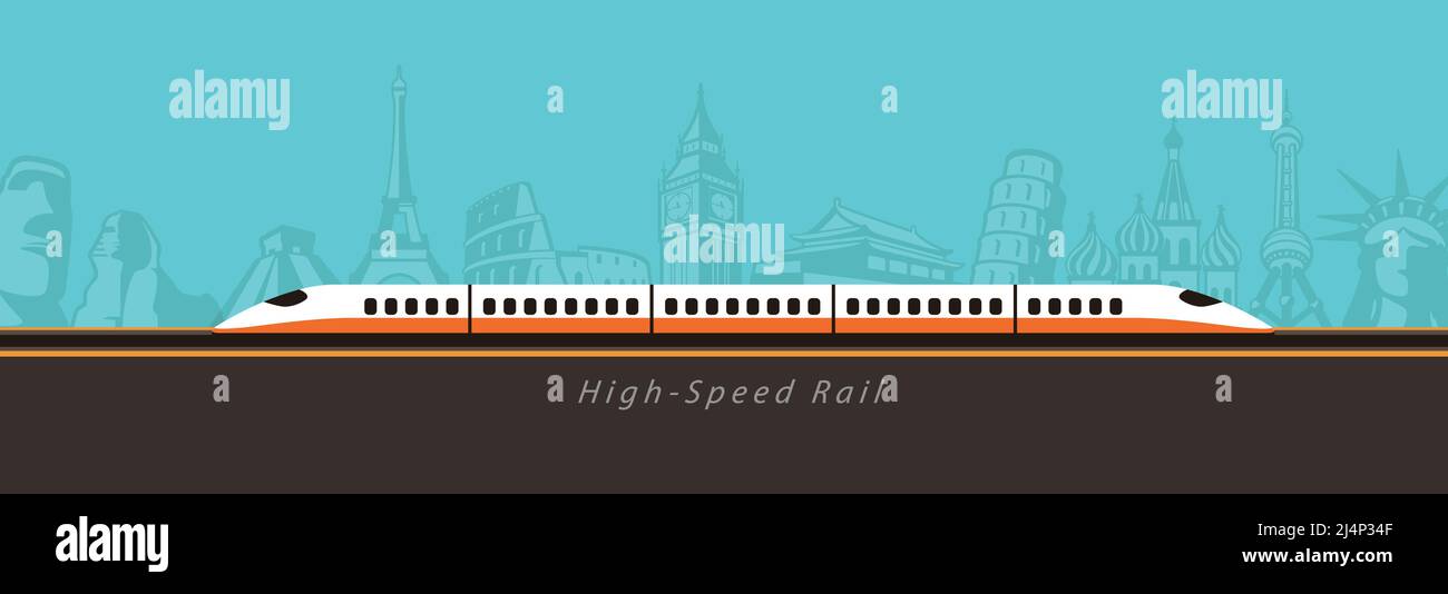 High speed bullet train coming out, modern flat design, background is ...