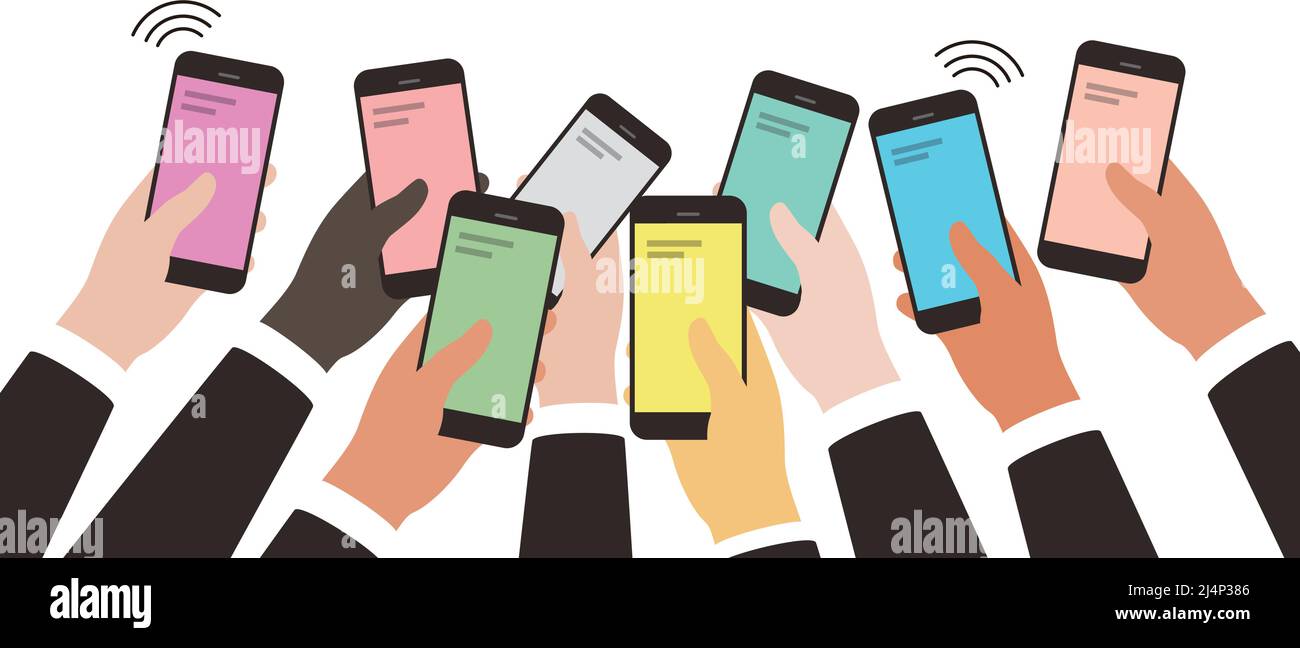 Many hands holding smart phone, vector illustration Stock Vector Image ...