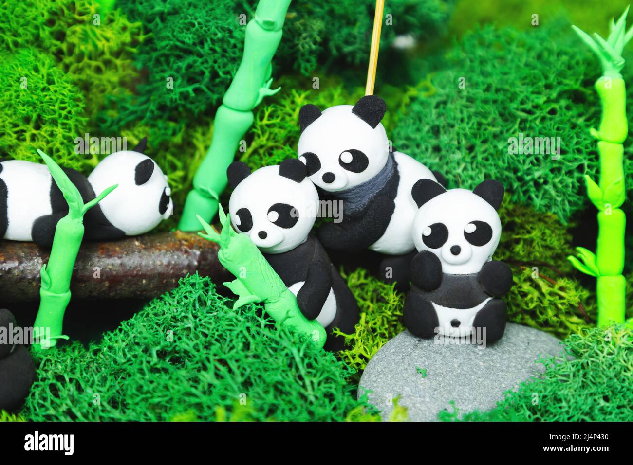 Funny homemade plasticine pandas in a stylized jungle. Concept for ...