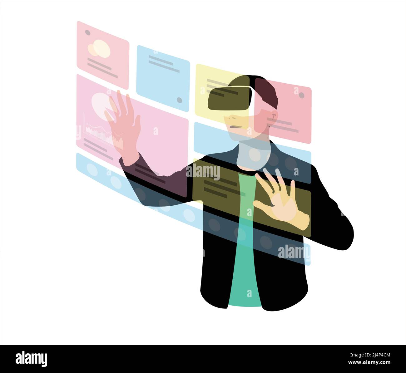 Man wearing VR Virtual Reality glasses, hands up, touching the screen, doing data analysis ...