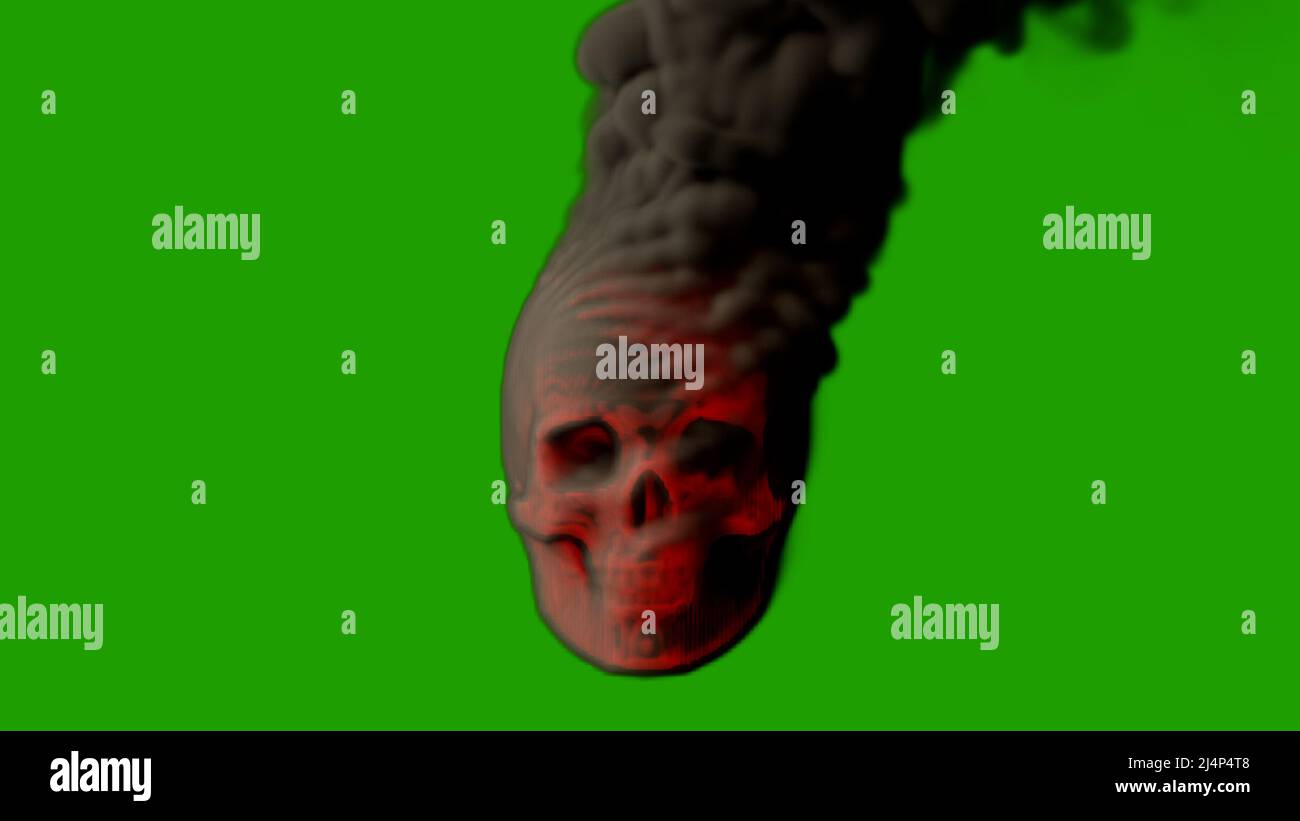 Grey scary burning human skull on chroma key screen with fire - war ...