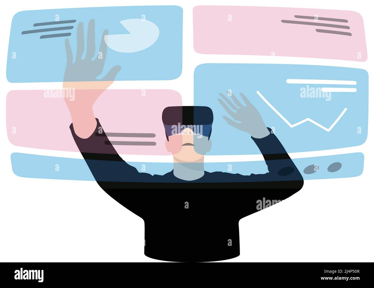 Man wearing VR Virtual Reality glasses, hands up, touching the screen, doing data analysis ...