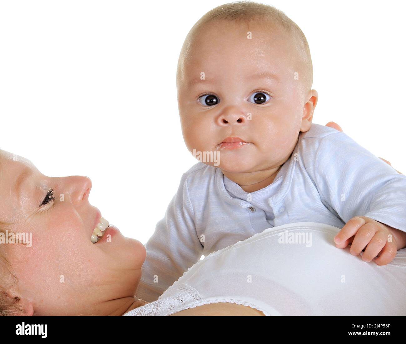 baby with mother after a good night sleep on white background with ...