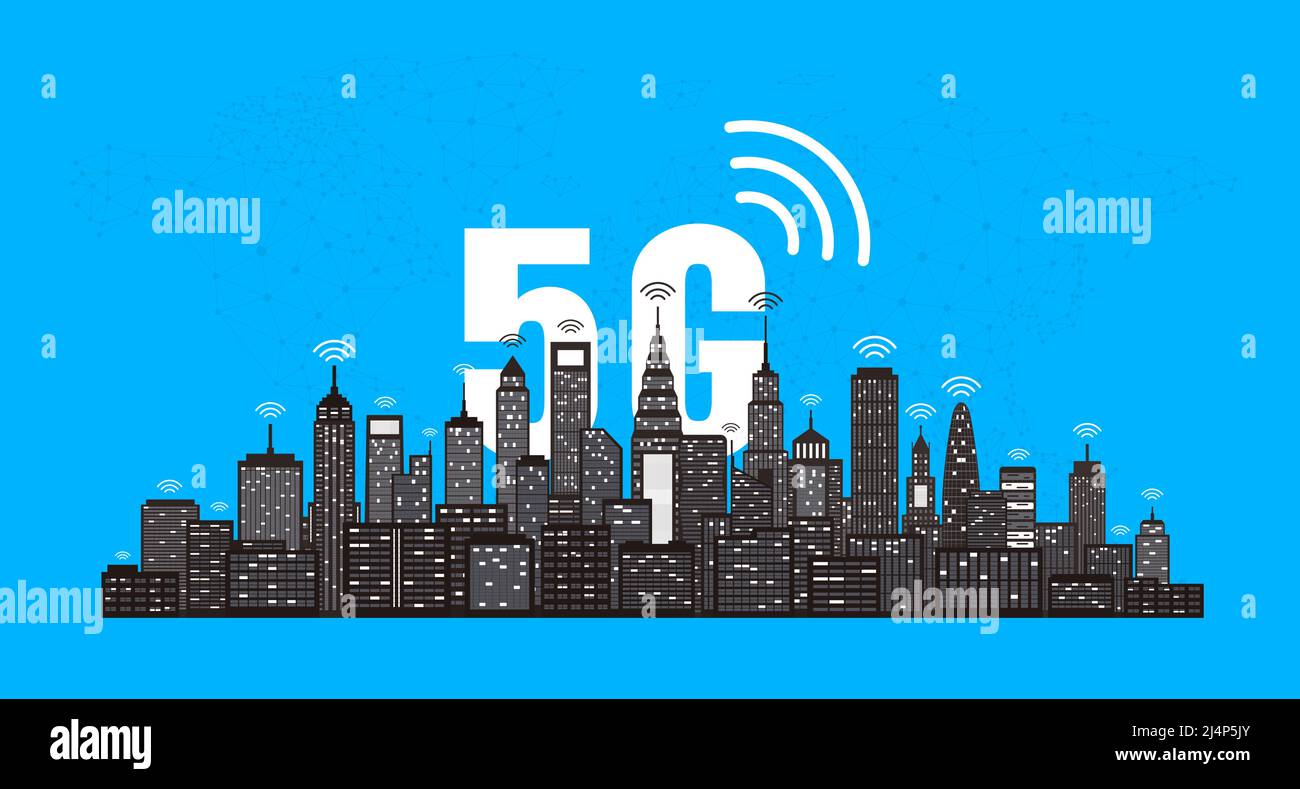 5G wireless network and smart city concept. high speed connection ...