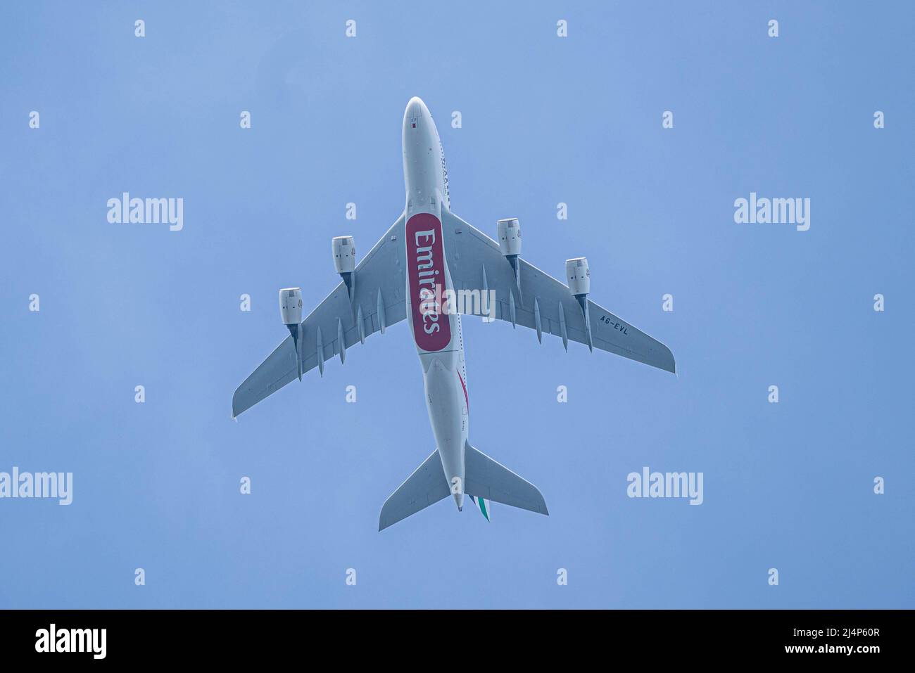 17 April 2022: Underside view of Airbus A380 800 Emirates airline in ...