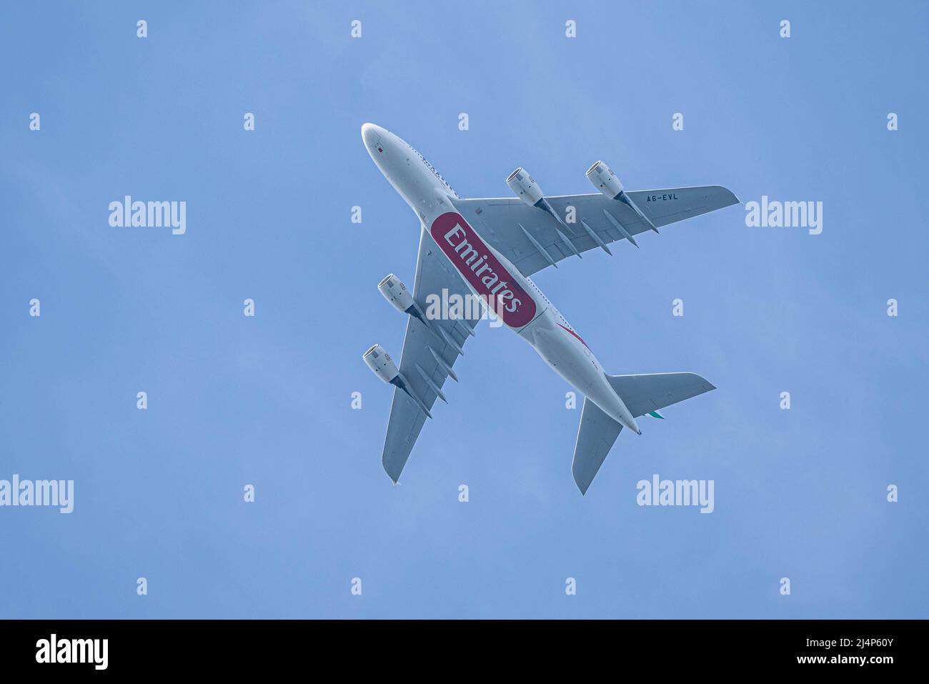 17 April 2022: Underside view of Airbus A380 800 Emirates airline in ...
