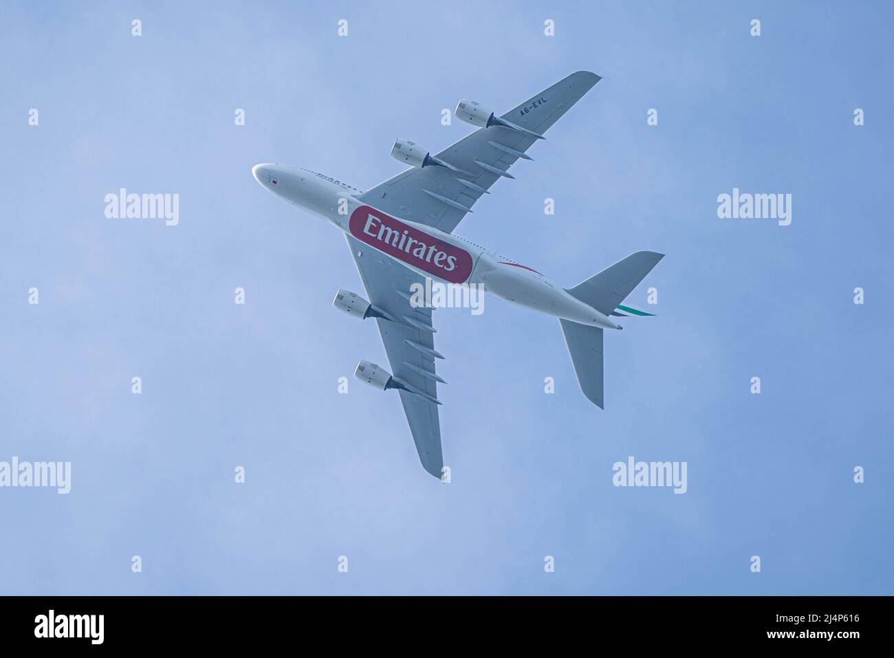17 April 2022: Underside view of Airbus A380 800 Emirates airline in ...