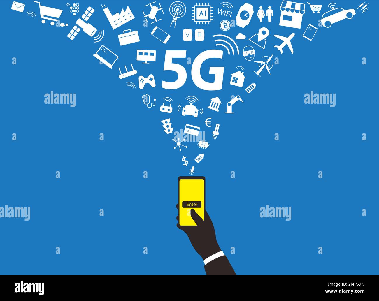 5G concept in the future, hand holding smart phone, using 5g technology ...