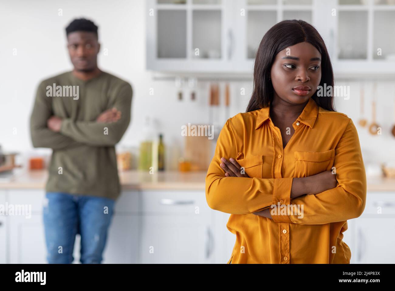 Misunderstanding Problem. Upset Black Man And Woman Standing In Kitchen ...