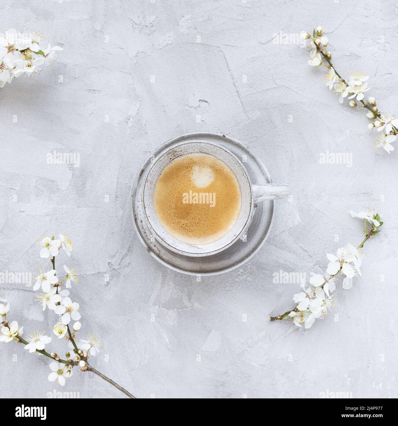 Cup of espresso with crema and fresh white spring cherry blossom ...