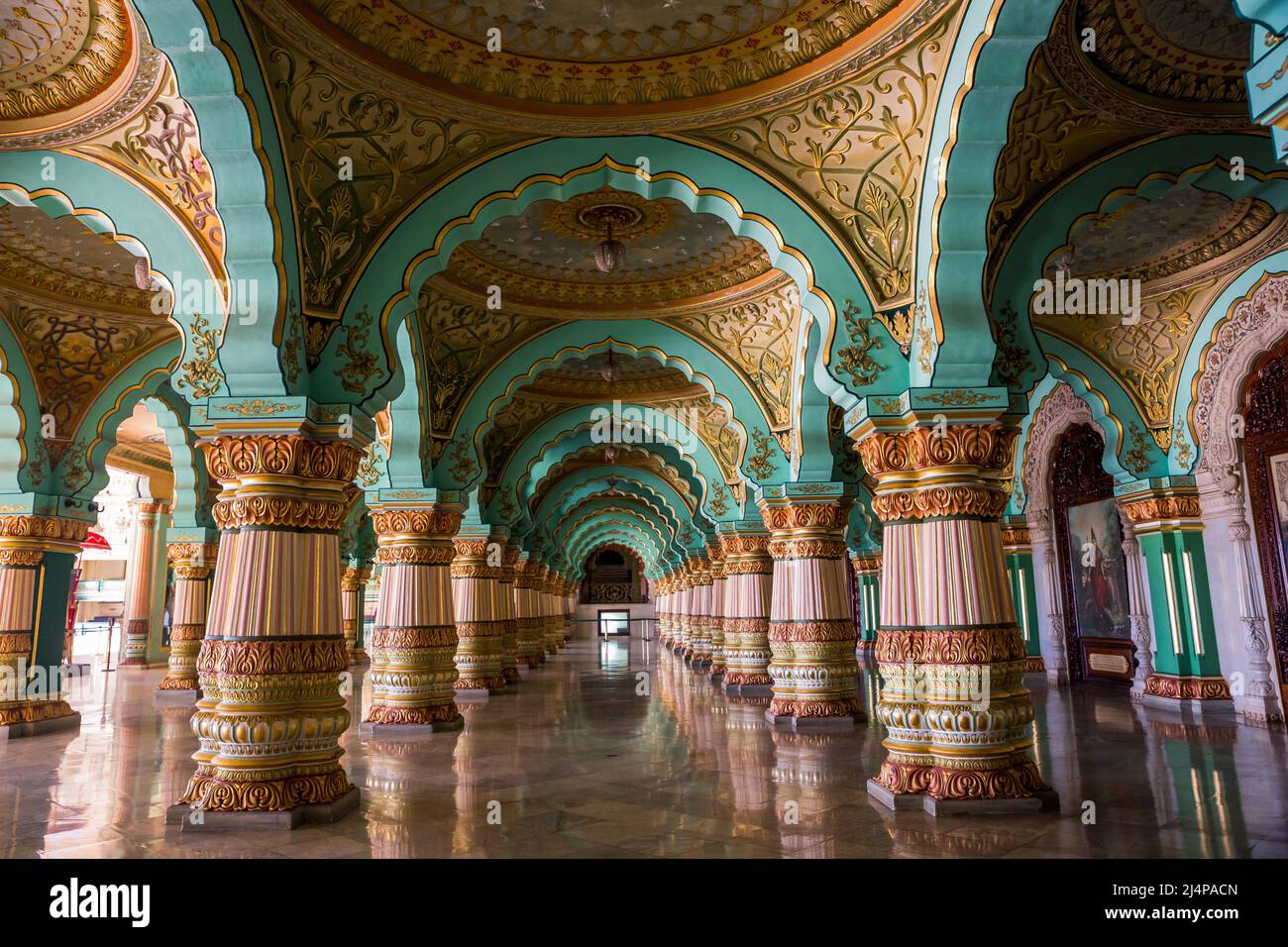 Durbar Hall or Audience Hall inside the royal Mysore Palace. Beautiful ...