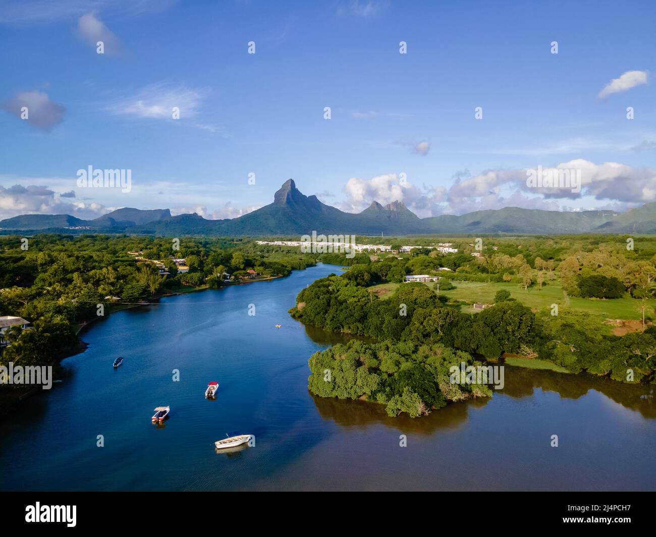 fishing boats resting at tamarin bay, Mauritius island, indian ocean ...