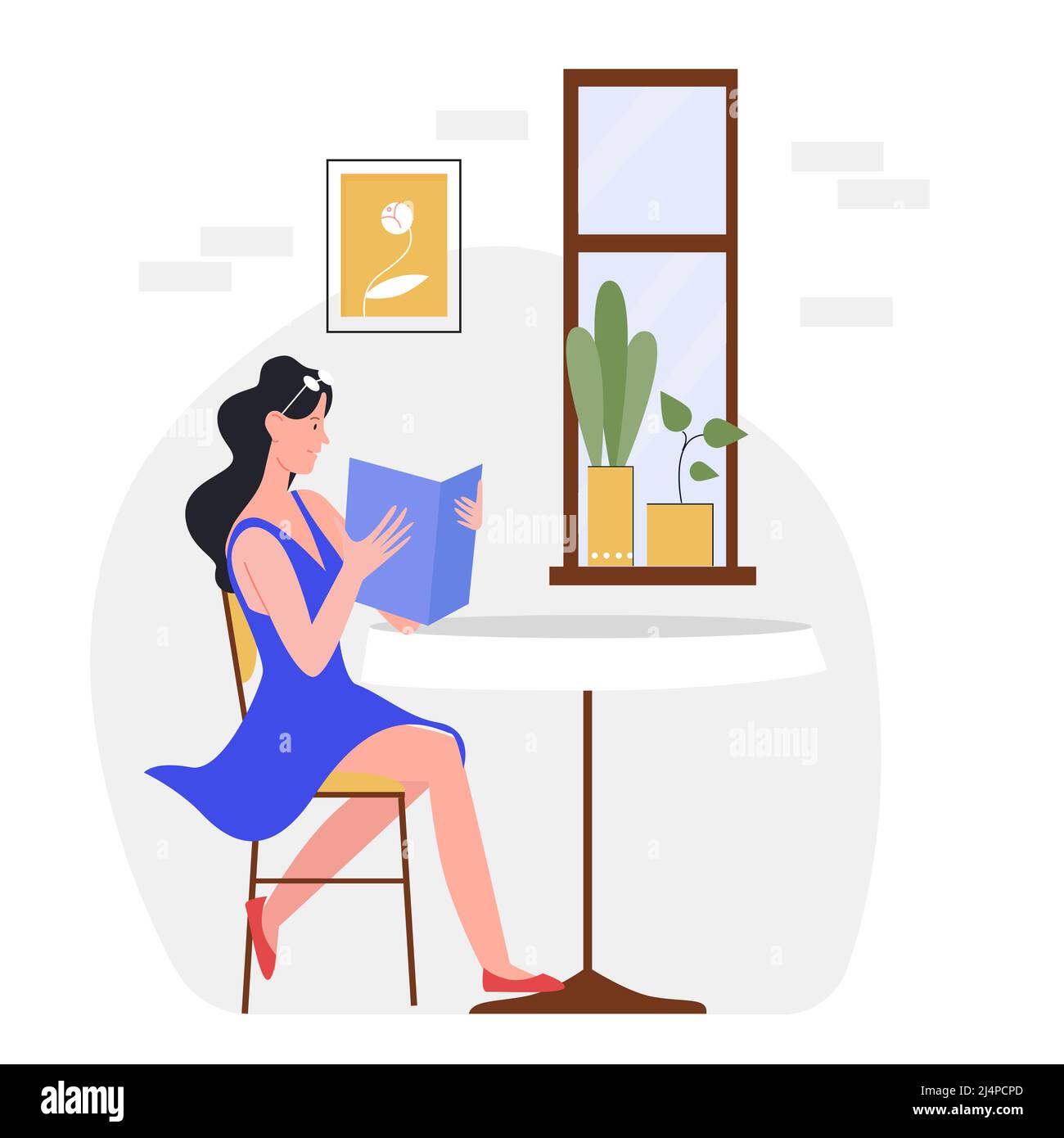 Young lady reading menu in cafe. Having coffee break, cafeteria lunch ...