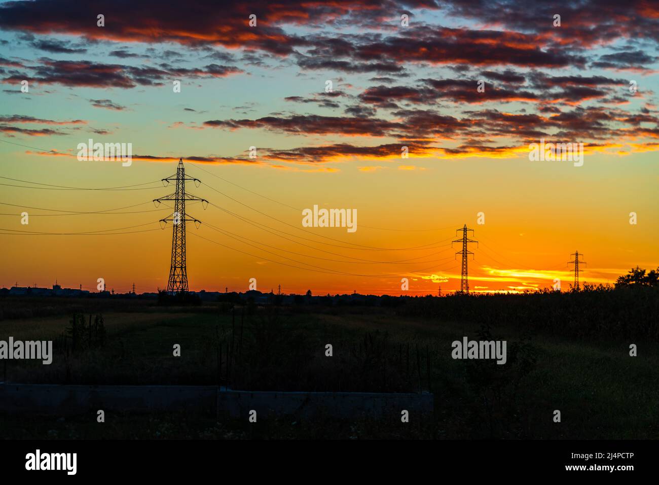 Detail of electric pole with electric cables and crop fields Stock ...
