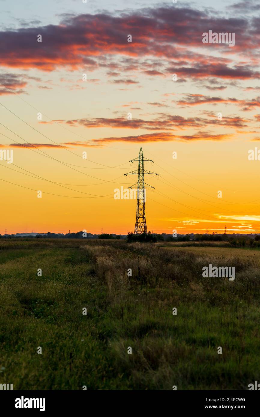 Detail of electric pole with electric cables and crop fields Stock ...