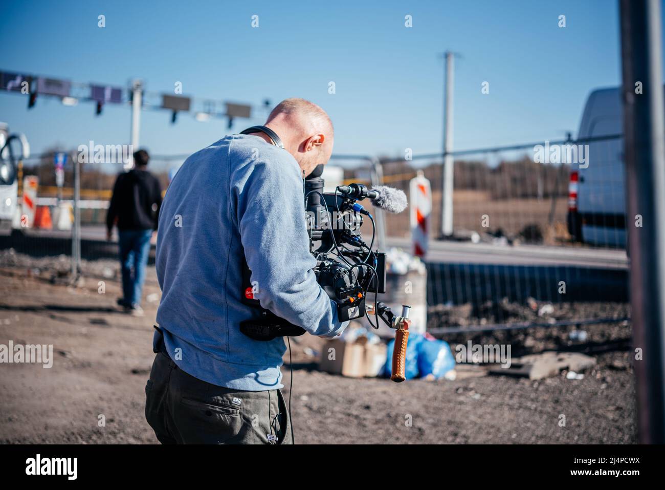 Medyka, Poland - March 24, 2022: A journalist at Ukrainian-Polish ...