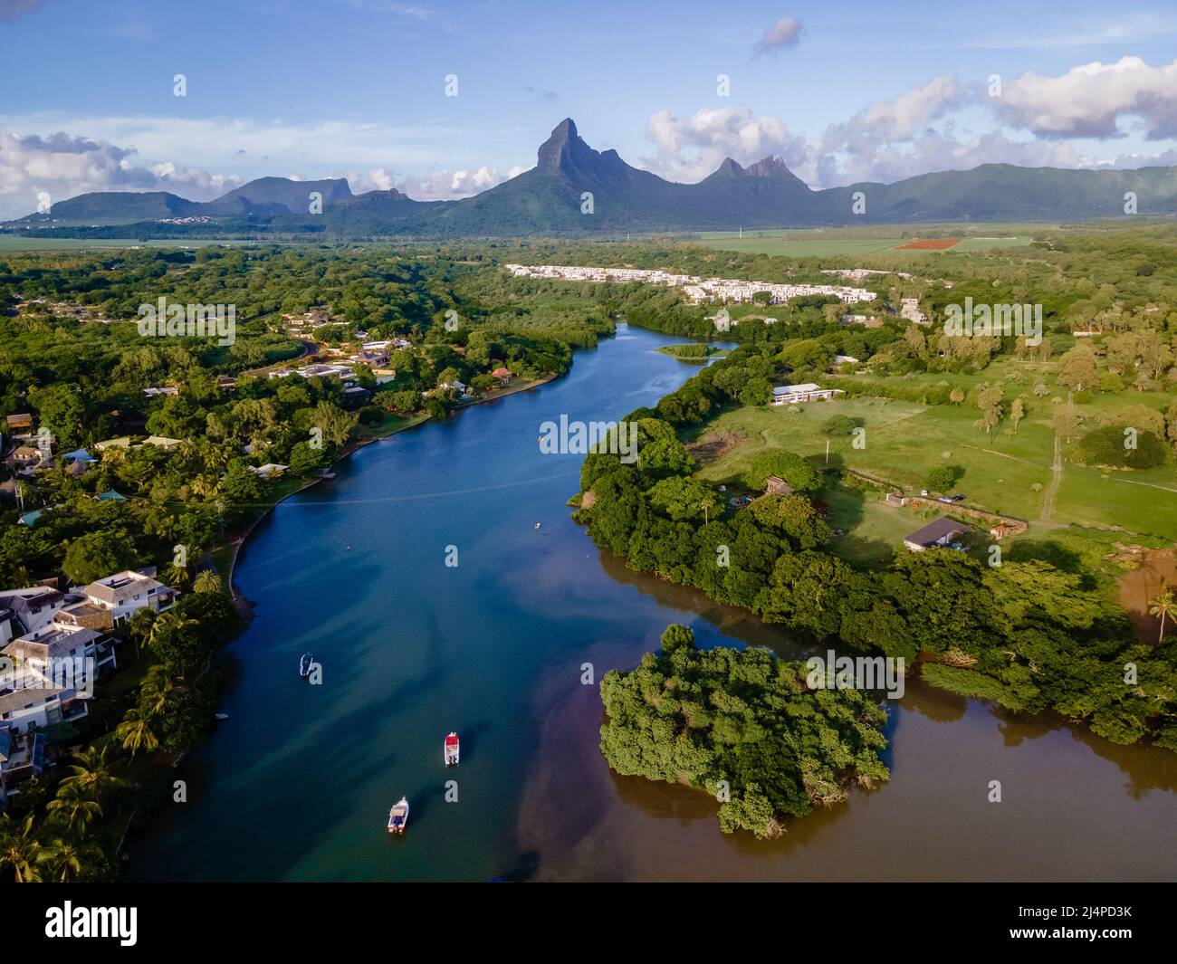 fishing boats resting at tamarin bay, Mauritius island, indian ocean ...