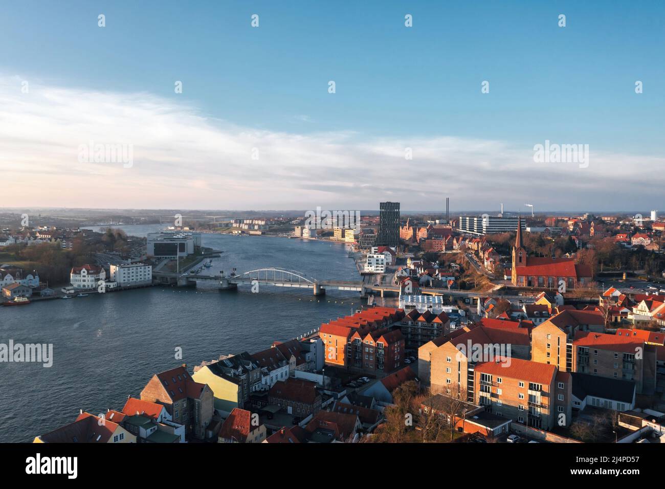 Blue hour panoramic aerial view in Sonderborg (Dan. Sønderborg), city ...