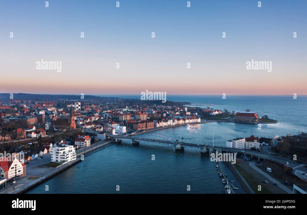 Blue hour panoramic aerial view in Sonderborg (Dan. Sønderborg), city ...