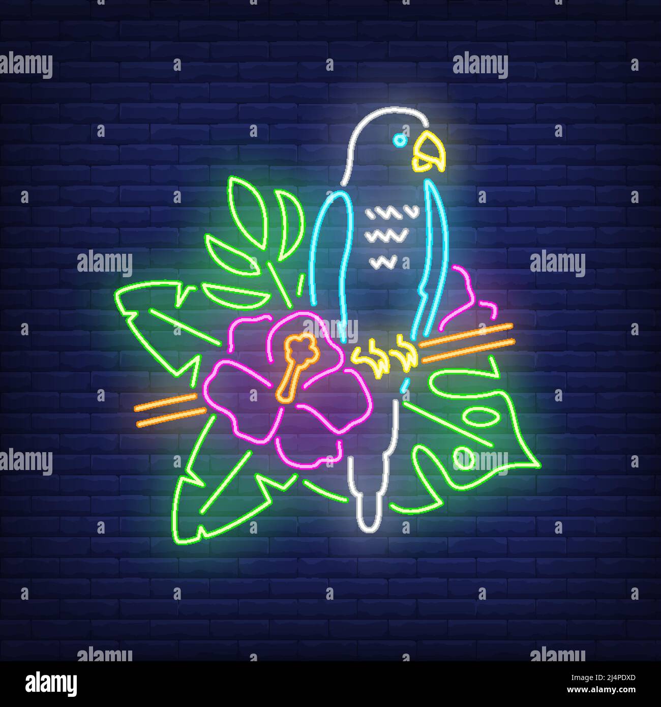 Parrot neon sign. Blue tropical bird on blooming twig. Glowing banner ...
