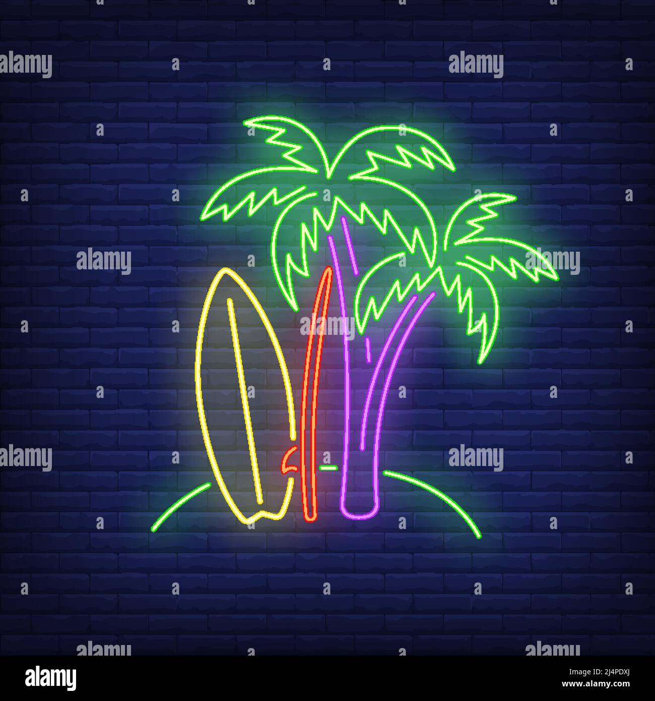 Palm trees and surfboards on beach neon sign. Surfing, extreme sport ...