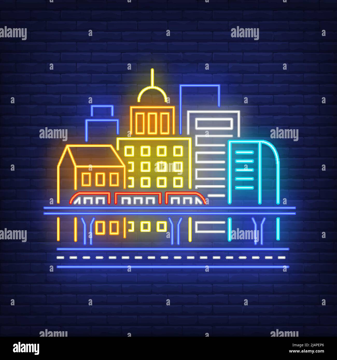 City buildings and sky train neon sign. Architecture, transport ...