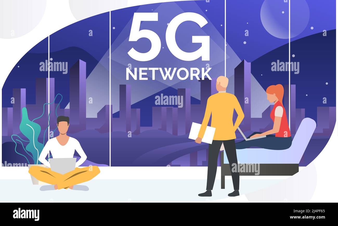 Workgroup collaborating on project in evening. Telecommunication ...