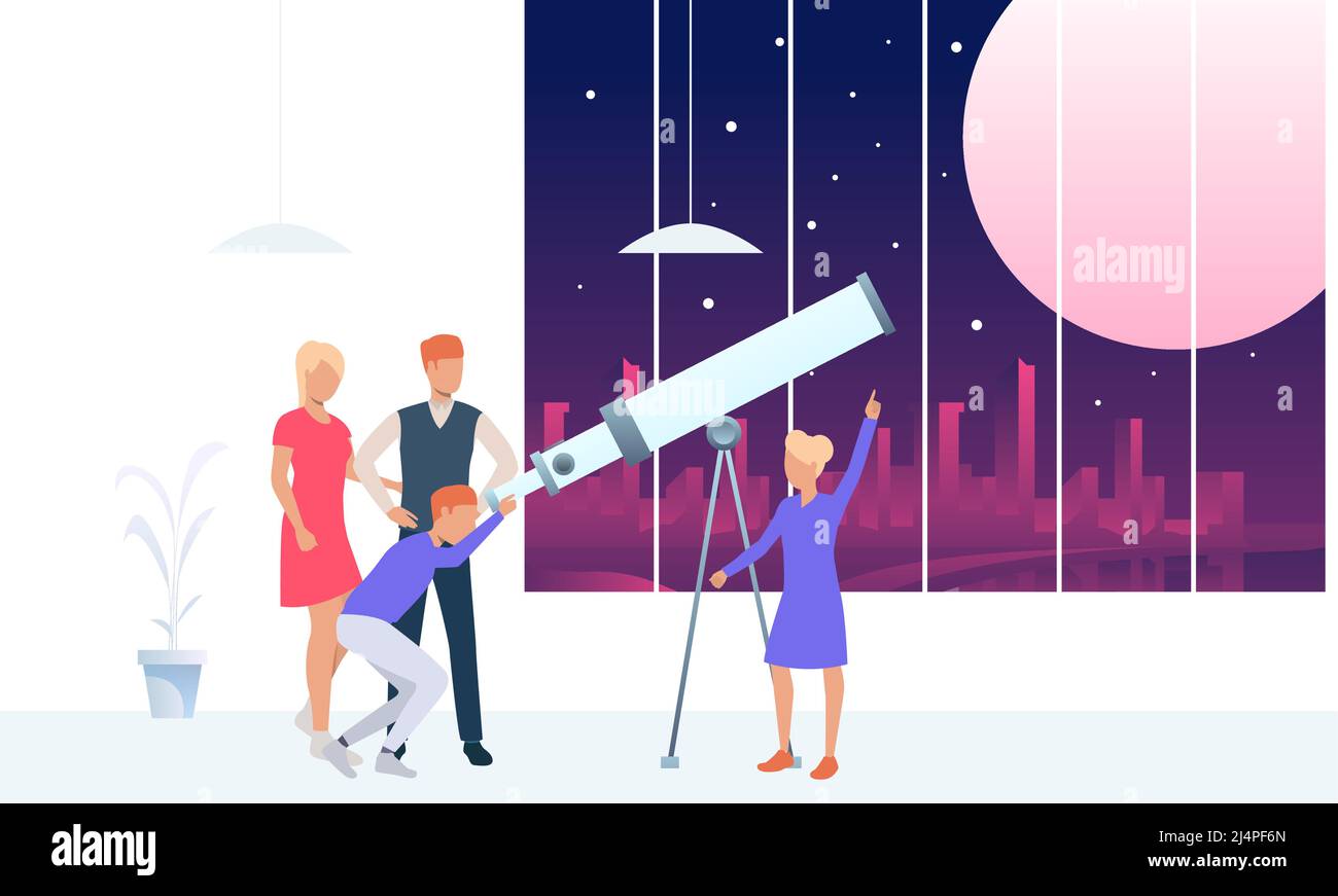 Young people looking at moon through telescope. Observation, equipment ...