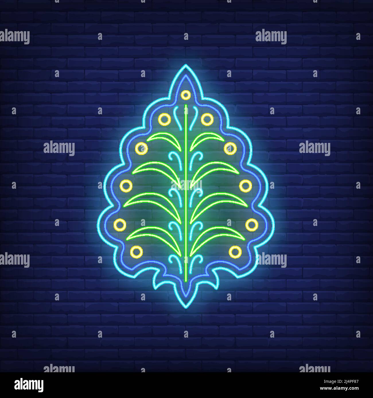 Abstract emblem with leaves neon sign. Decor, logo design. Night bright ...