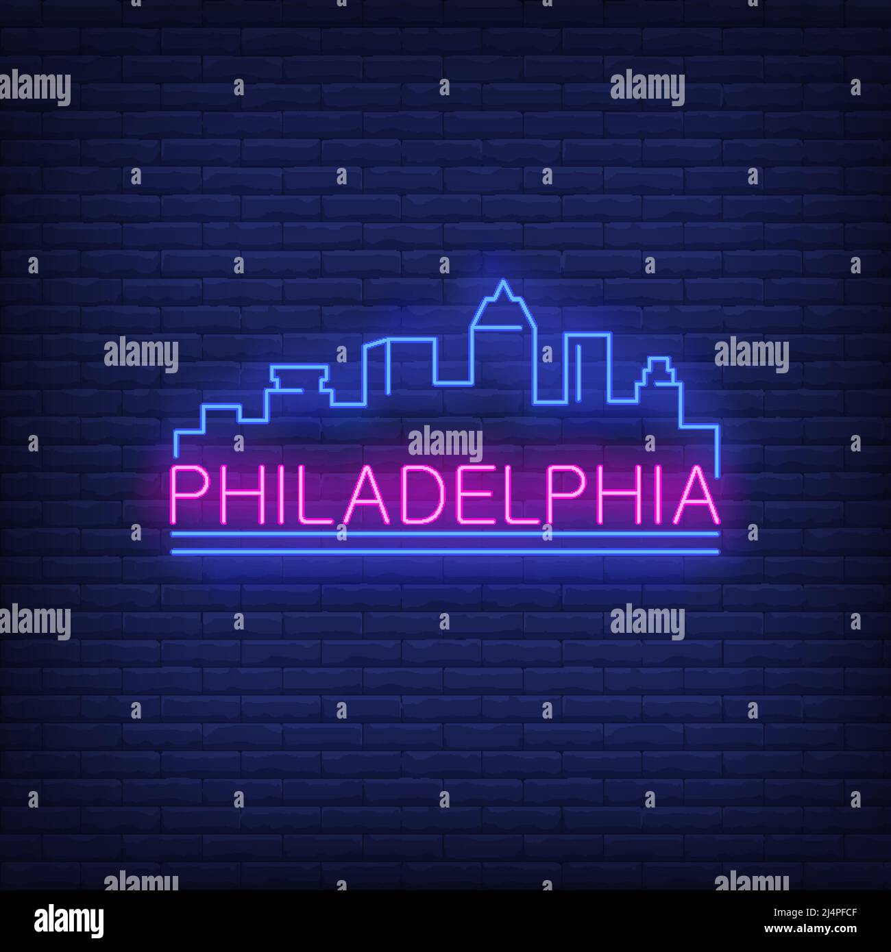 Philadelphia neon lettering and city buildings silhouette. Sightseeing ...