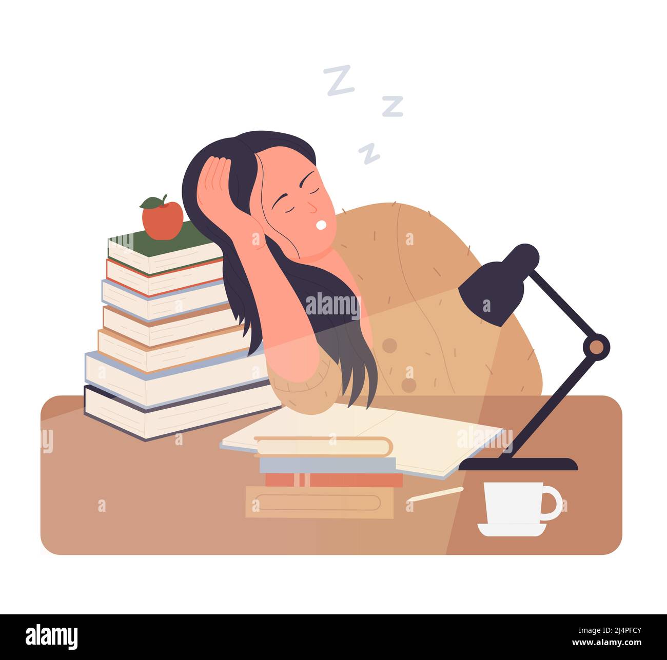 Exhausted student girl sleeping. Bored and tired pupil fall asleep ...