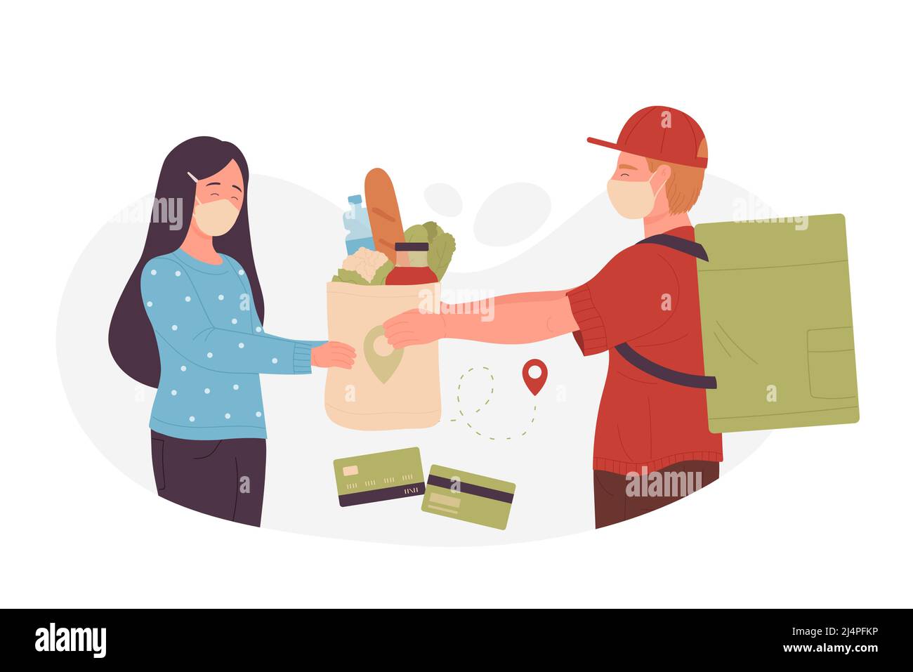 Safe food delivery, free service. Cartoon courier holding out paper bag ...