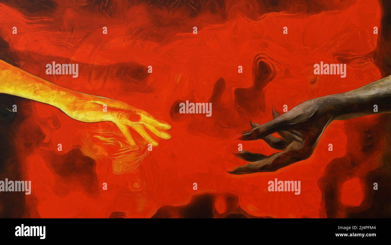 Woman and Demon, hands reaching out to each other. Artistic work on the ...
